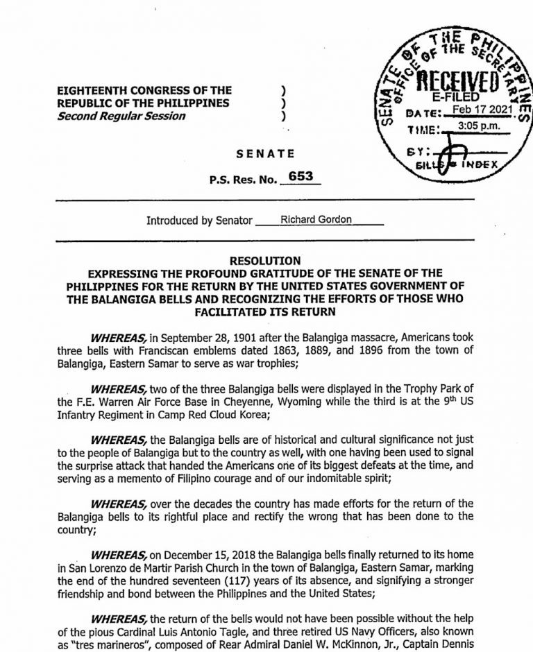Resolution 653: PH Senate Thanks U.S. Government For Bells Return | US ...